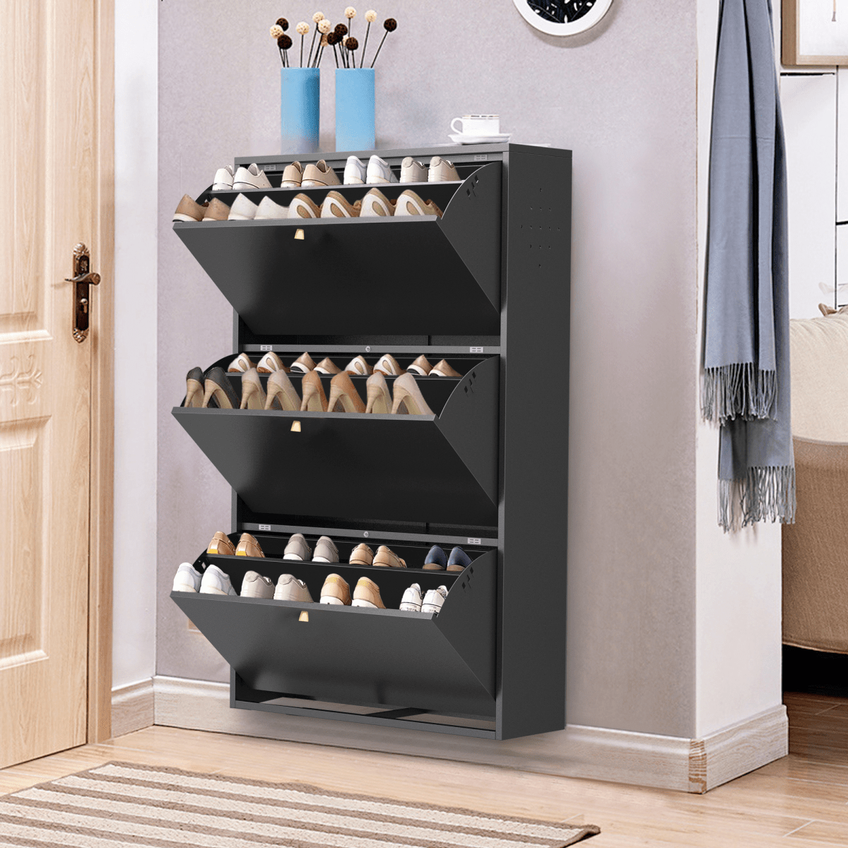 freestanding shoe cabinet with 3 flip drawers,narrow shoe rack with ...