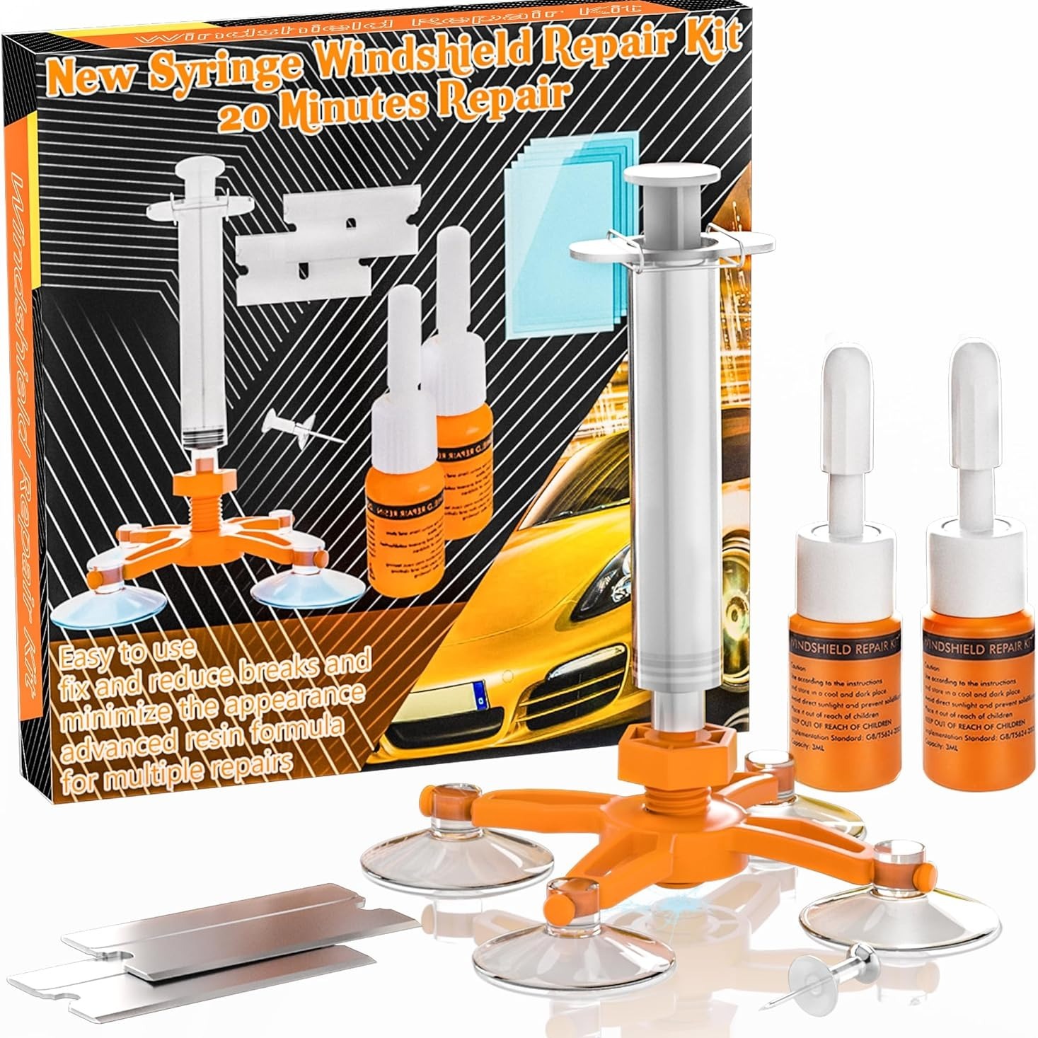 윈드 실드 수리 키트 자동차 윈드 실드 균열 수리 키트 주사기 스러스터가있는 2 팩 윈드 실드 칩 수리 키트 빠른 유리 수리 키트 칩 및 균열 용 윈드 실드 별