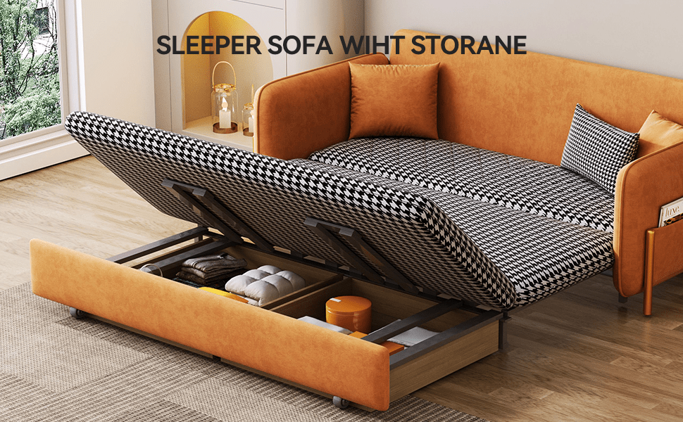 King Sleeper Sofa Orange Upholstered Convertible Sofa Bed 1 - Temu