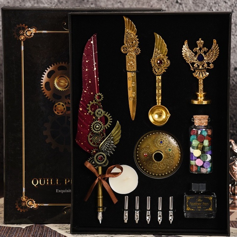 Feather Dip Pen Ink Set Luxury Steampunk Feather Pen Wax - Temu