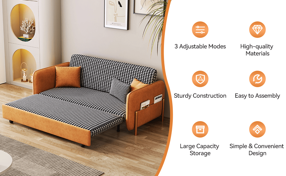 King Sleeper Sofa Orange Upholstered Convertible Sofa Bed 1 - Temu