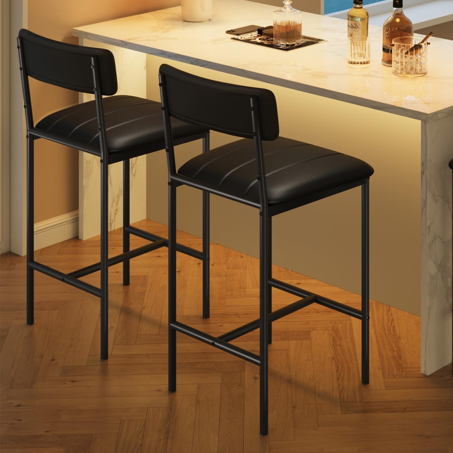 Bar Stools Set Of 2, Counter Height Bar Stools With Footrest, Pu ...