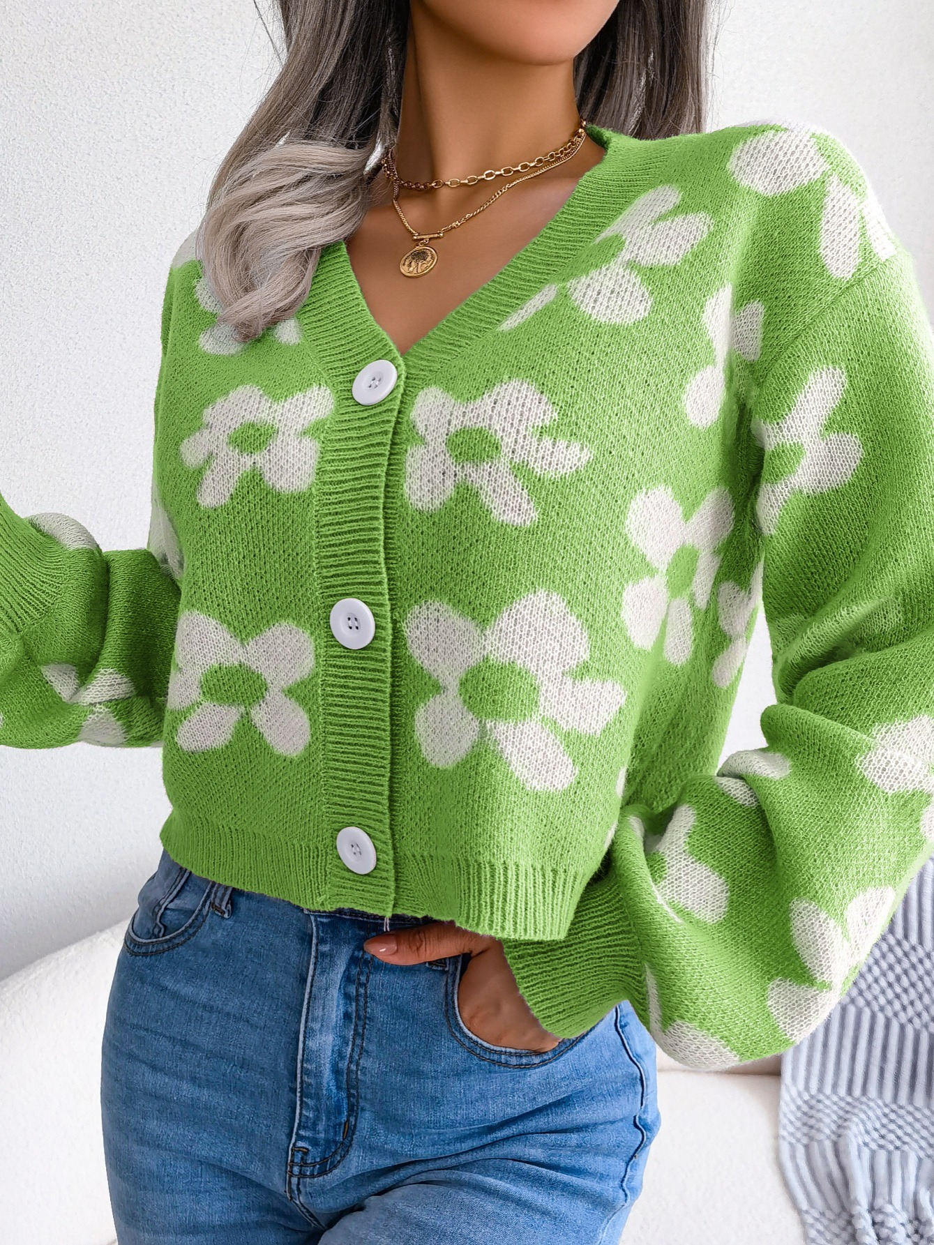 Lantern Sleeve Crop Sweater Cardigans V neck Colorblock - Temu