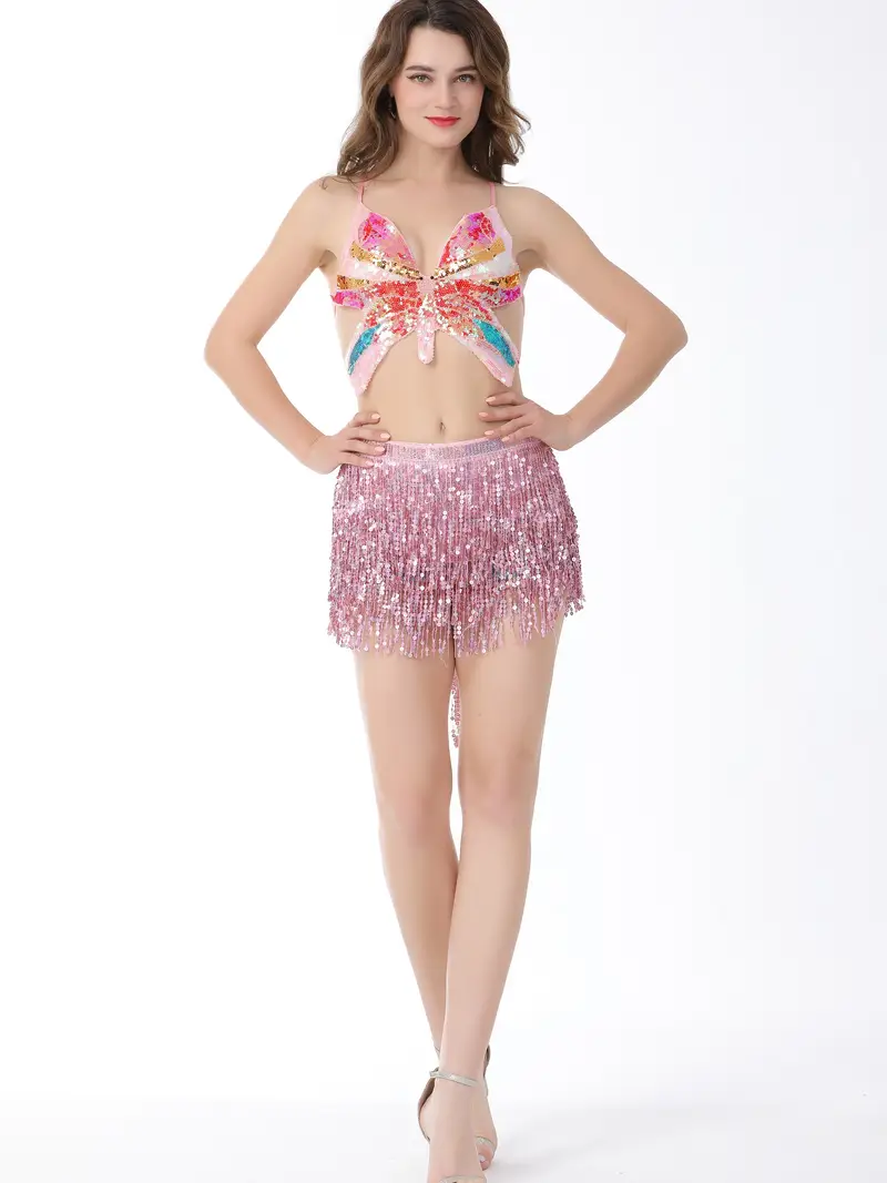 Womens Belly Dance Glitter Sequins Tassel Skirts Stage Performance