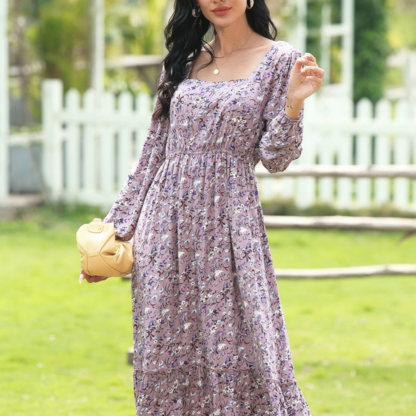 Women's Square Neck Floral Print Dress Sexy Ruffle Hem Long - Temu