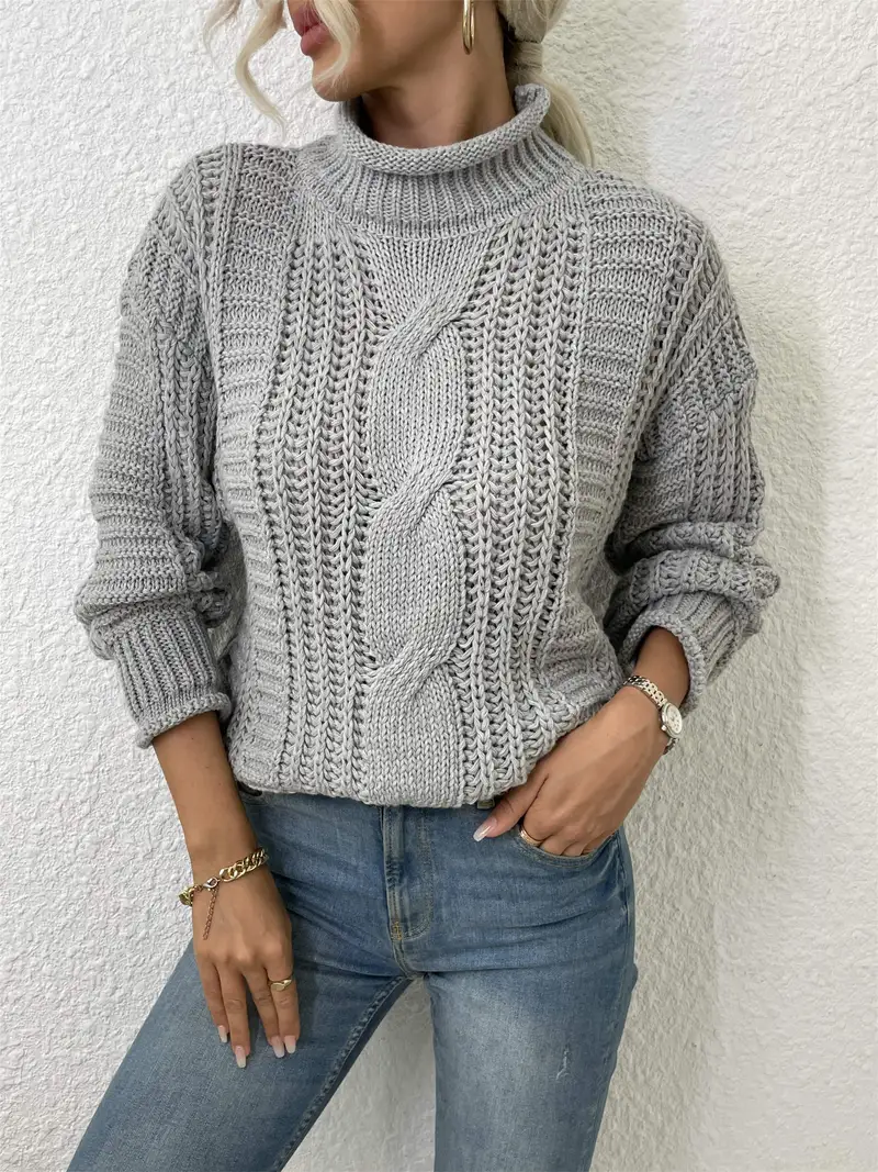 Womens Cable Knit Drop Shoulder High Neckline Long Sleeve Casual