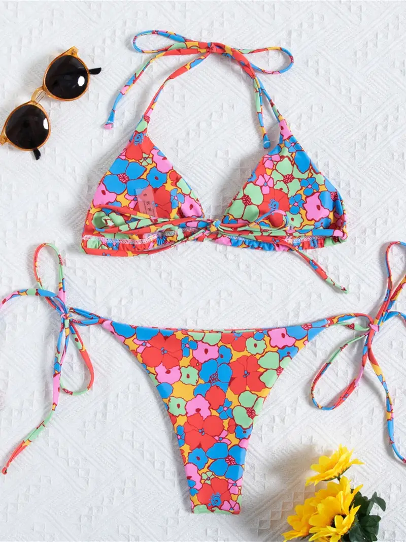 Womens Floral Print Halter Triangle Top String Tie Side Thong Bikini