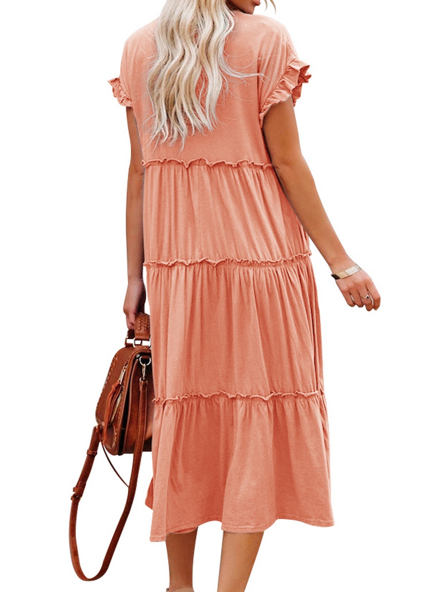 Women's Dresses Summer V-neck Short Sleeve High Waist Ruched Ruffle ...