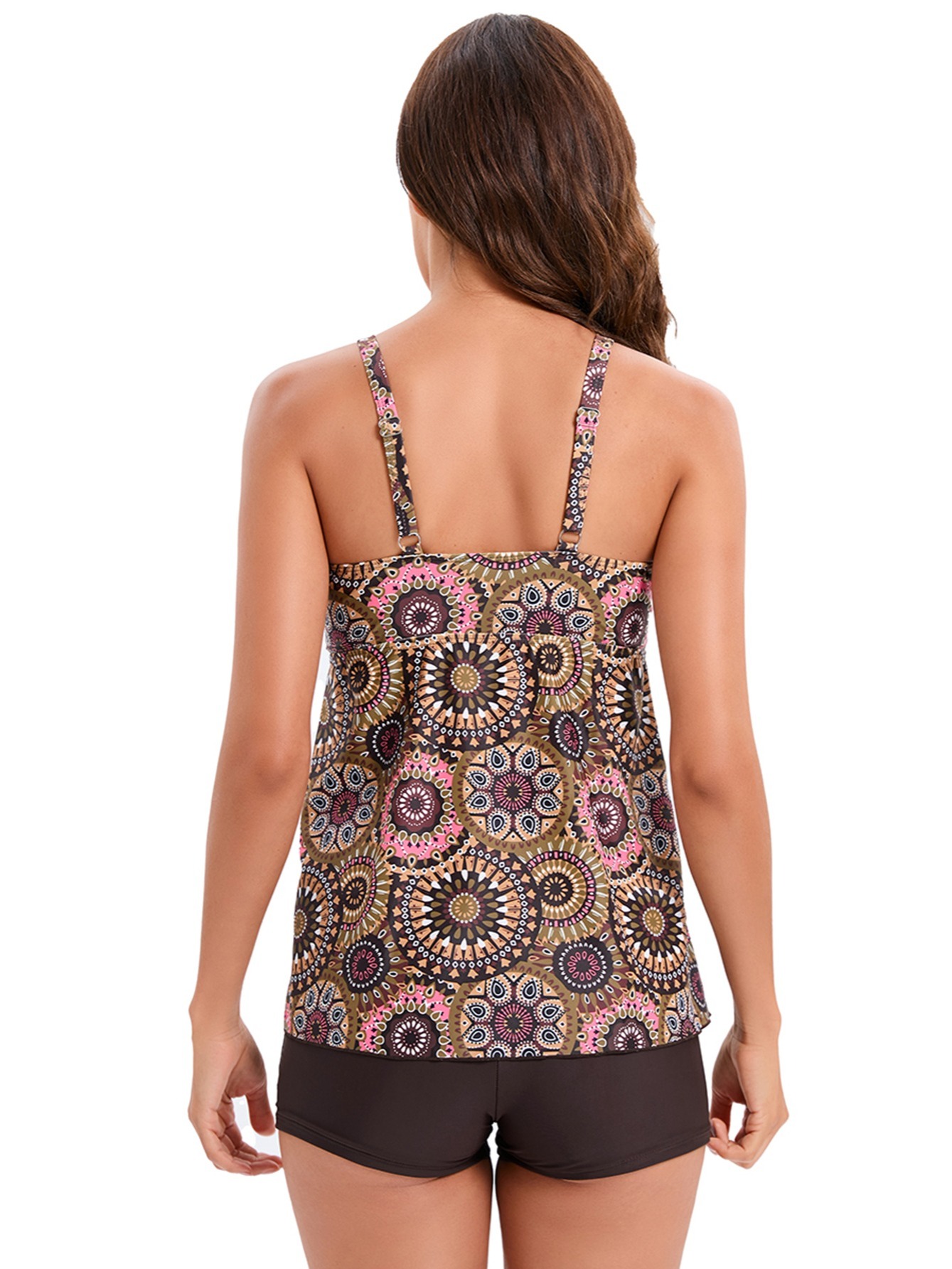 Brown Pink Floral Print Tummy Cover Tankini Swimsuit - Temu