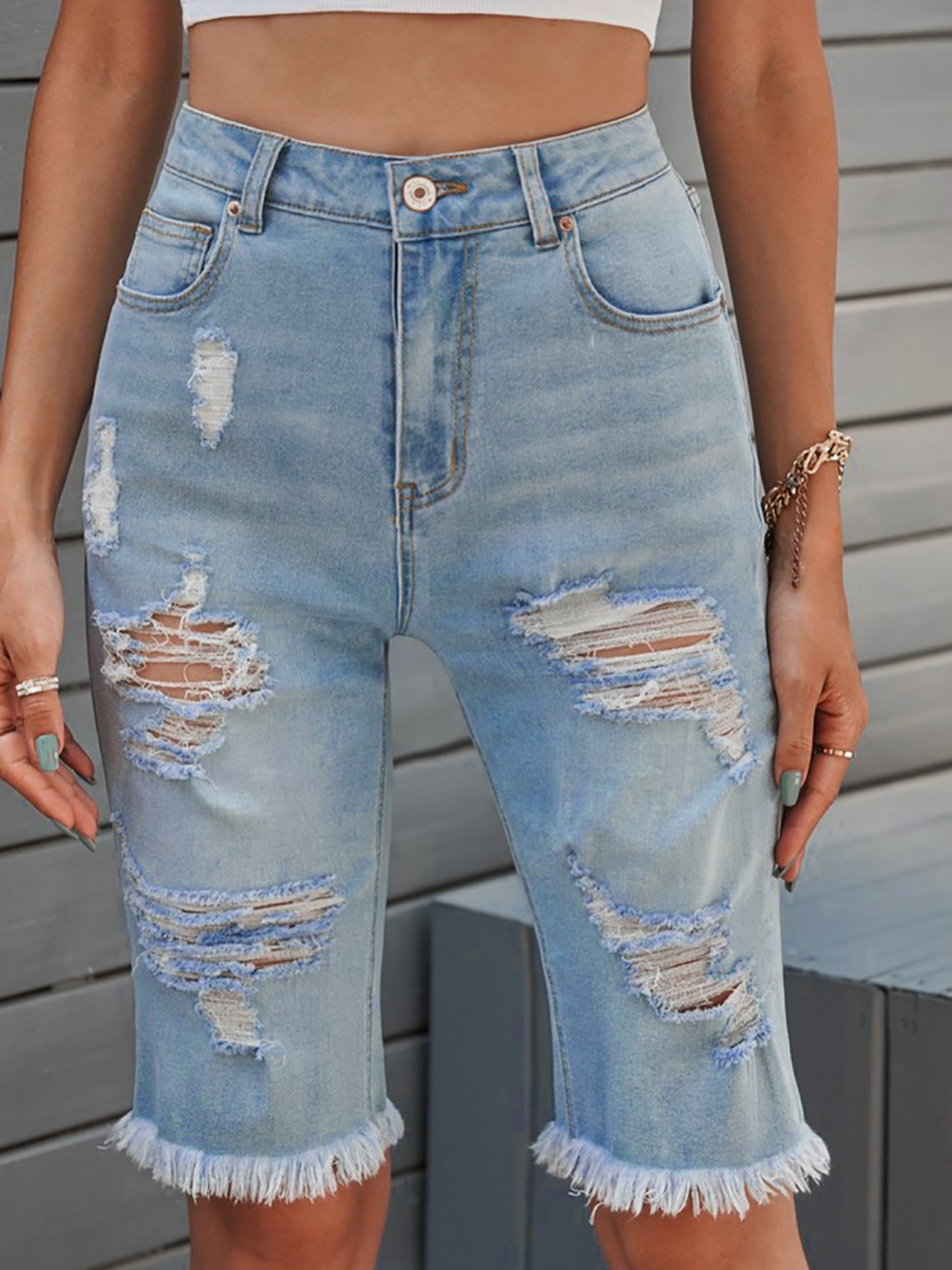 Light Blue Distressed Bermuda Denim Shorts Ripped Hem - Temu Australia