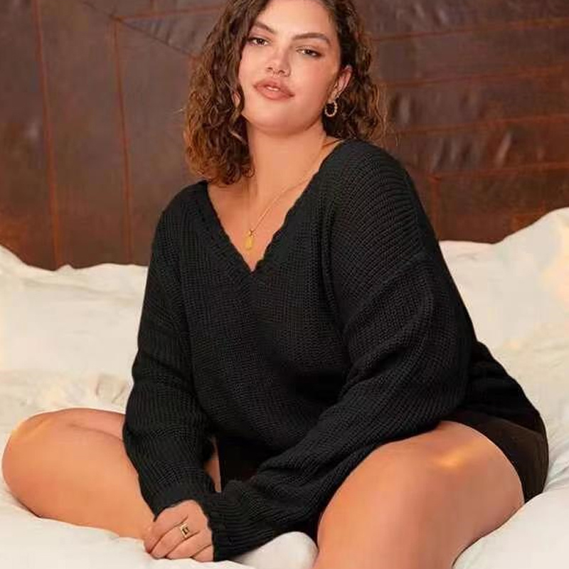 Plus Size V Neck Medium Stretch Solid Sweater Women's Plus - Temu Australia