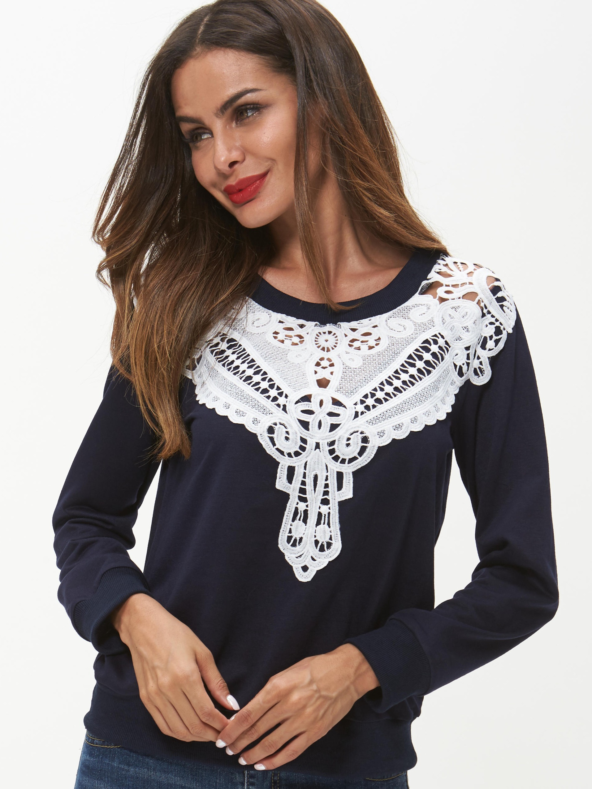 Women's Lace Trim Crew Neck Long Sleeve Tops - Temu United Kingdom
