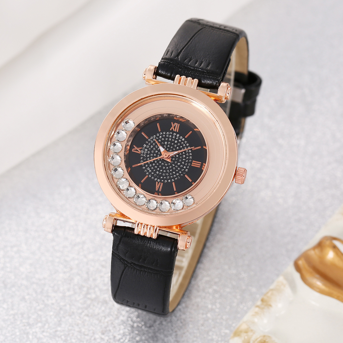 Fashion Womans Shiny Rhinestones Faux Leather Quartz Wrist Watch For ...