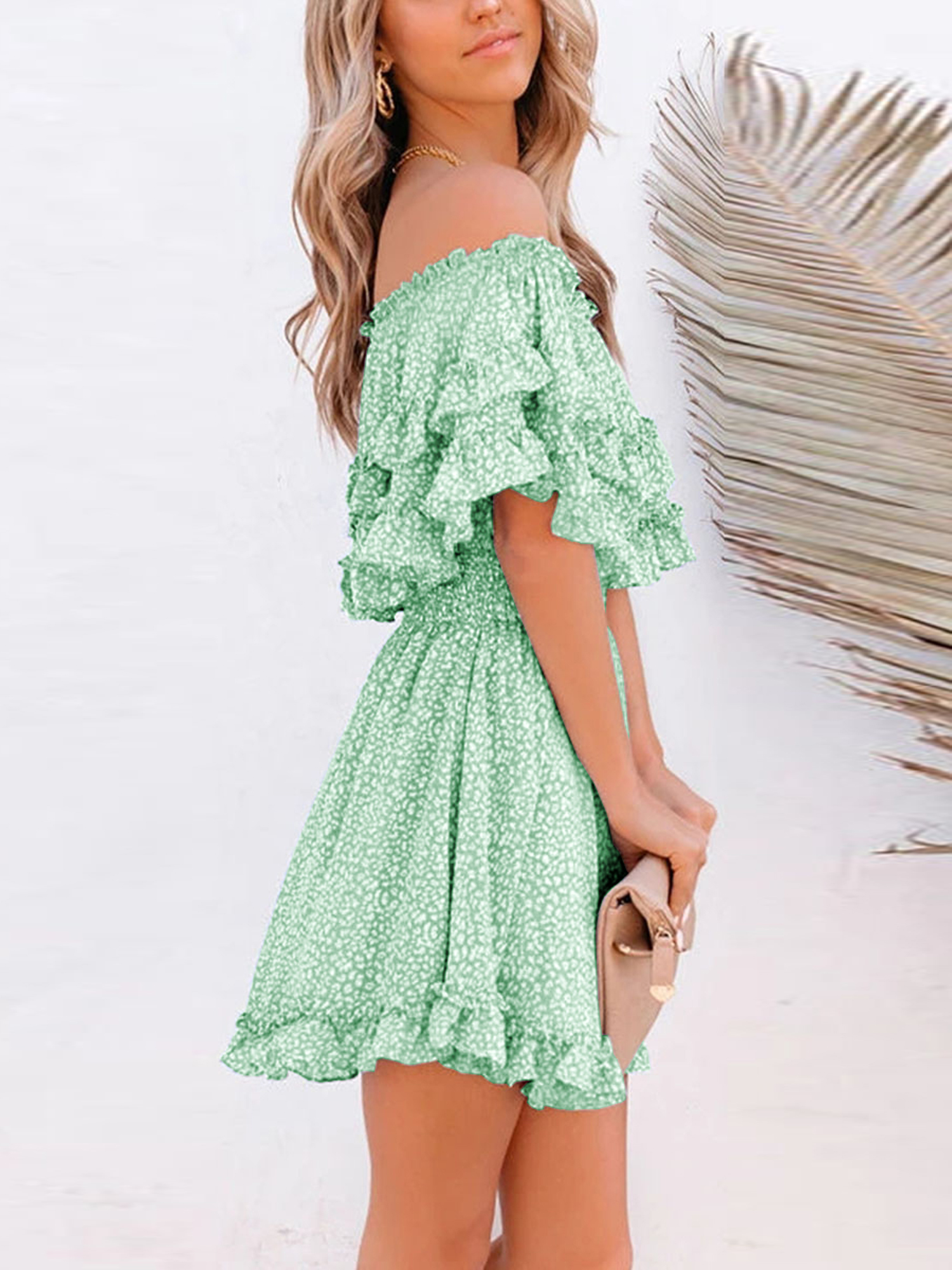 Sexy Flowy Shoulder Dress Ruffle Smocked Casual Square Neck - Temu Australia