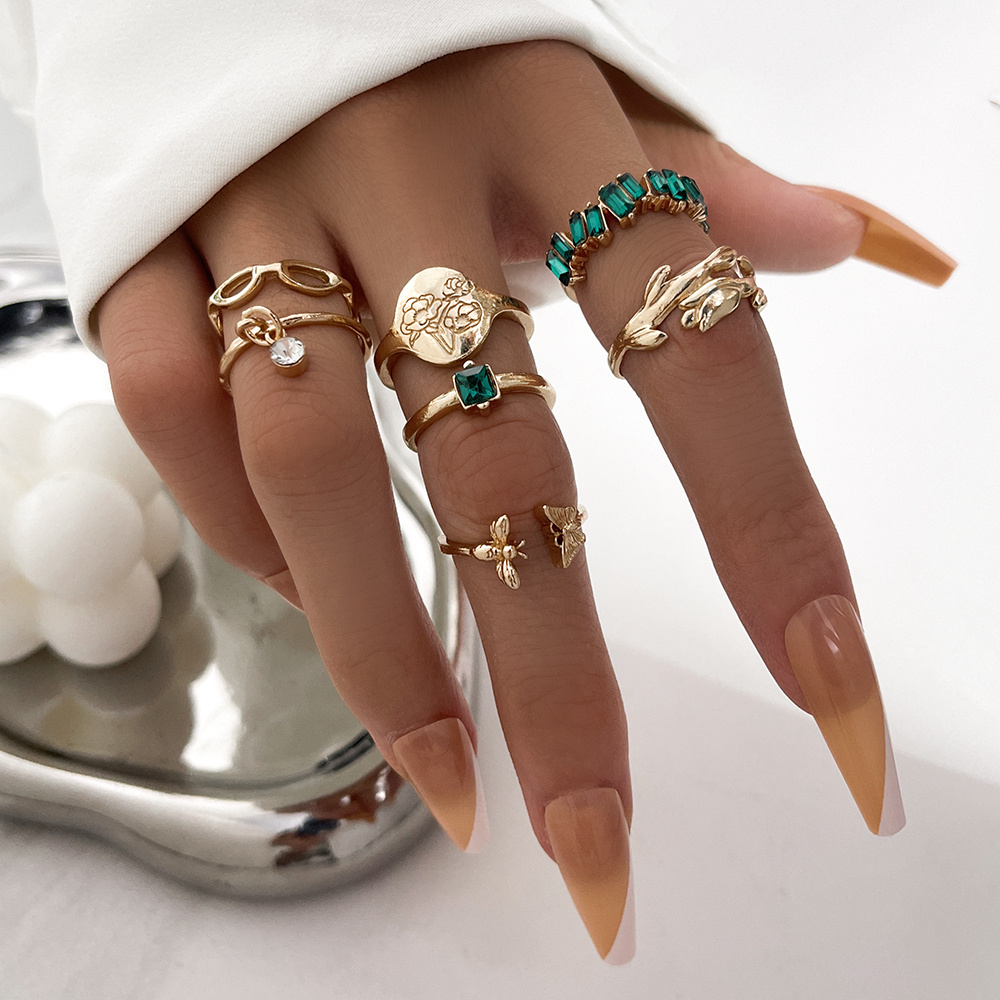 Vintage Green Crystal Geometric Butterfly Bee Rose Ring 7pcs Set ...