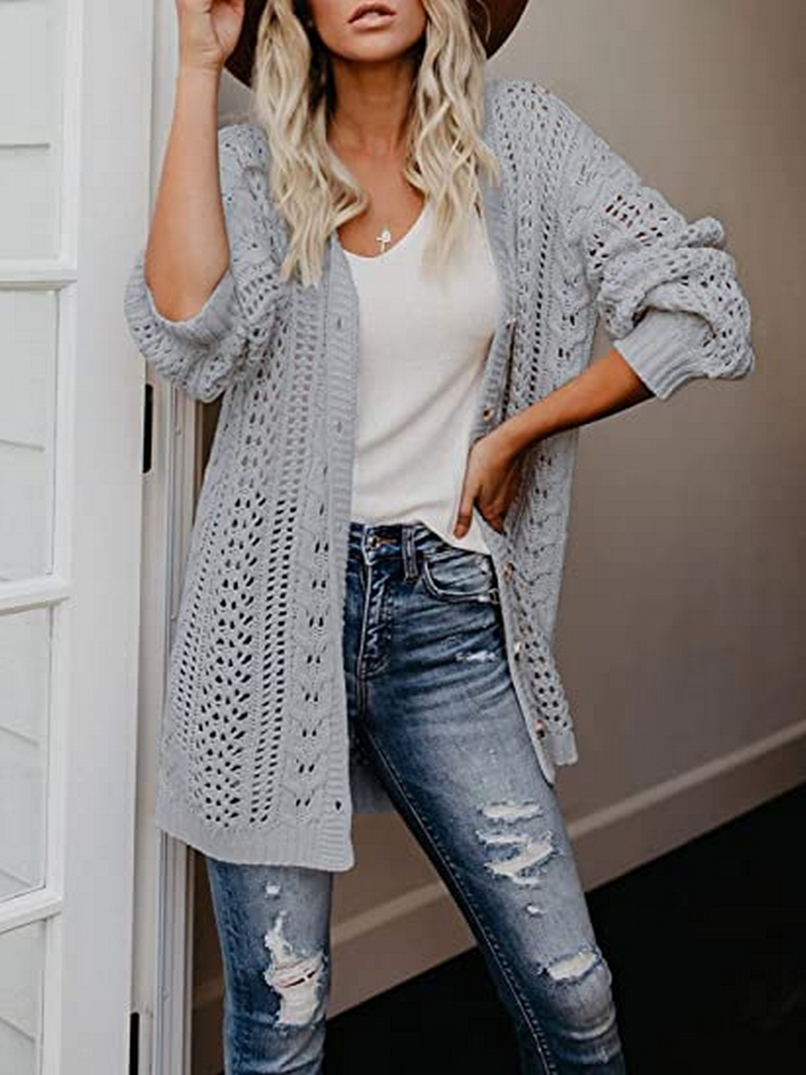 Casual V neck Oversized Cable Cardigans Solid Long Sleeve - Temu ...
