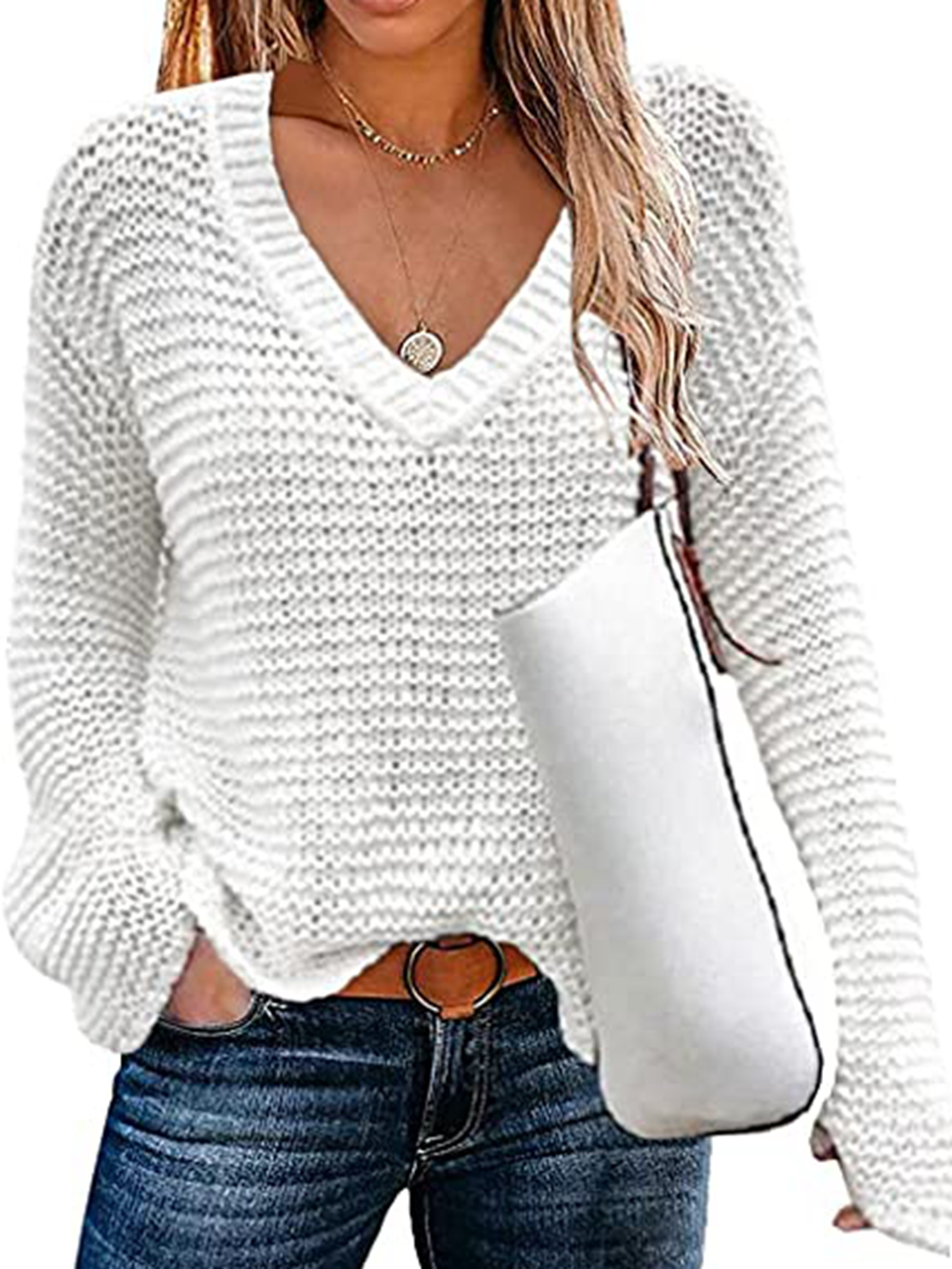 Lockerer Solider V ausschnitt pullover Lässiger Langarm - Temu Germany