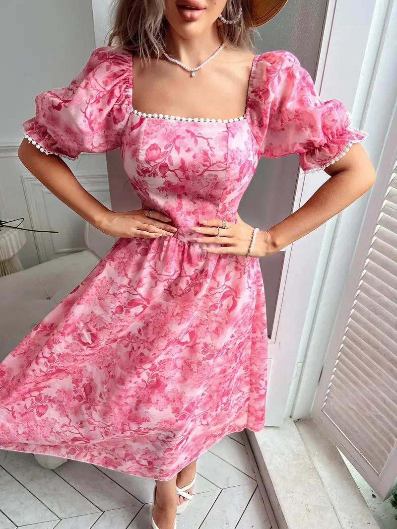 Floral Print Puff Sleeve Dress Elegant Squared Neck Flared Maxi Dress