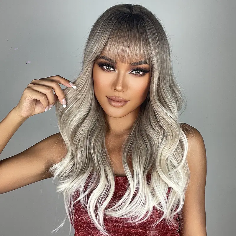 Ombre Gray Blonde Wave Wig With Bangs And Dark Roots Natural Looking