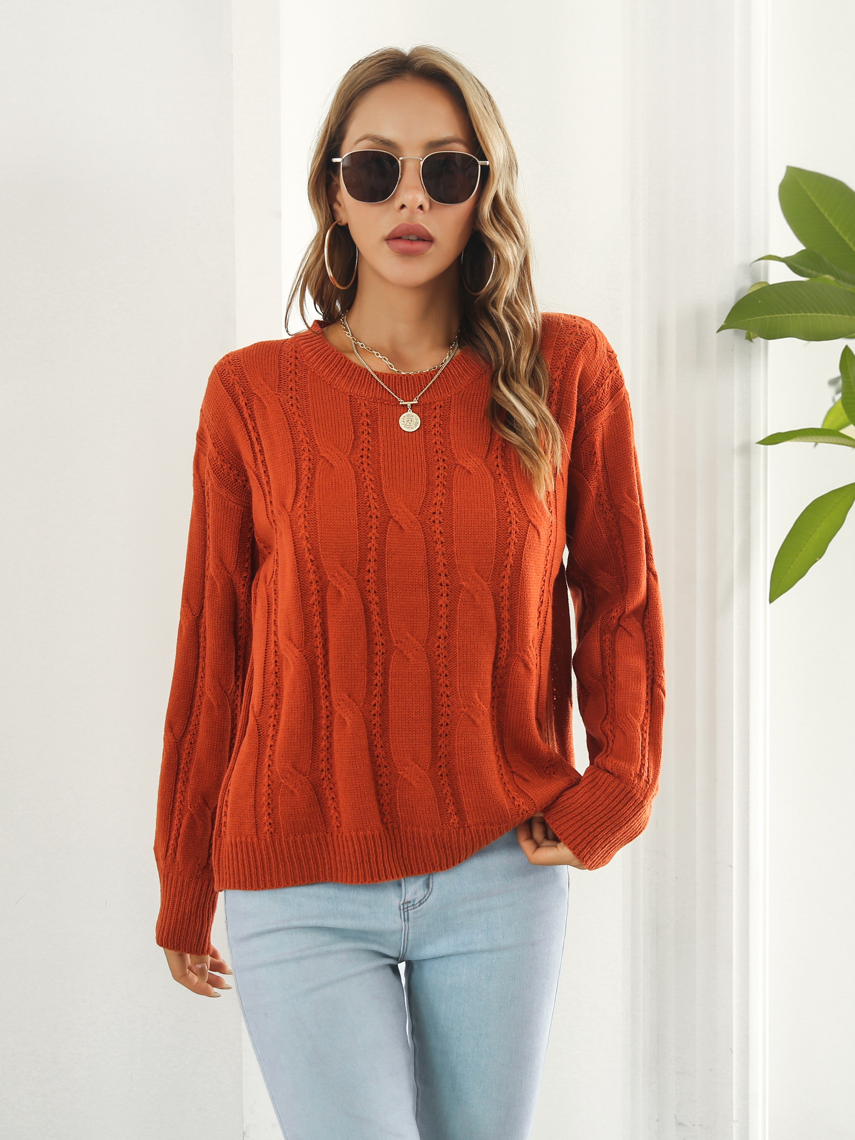 Women's Sweater Casual Cable Cut Solid Crew Neck Loose Fall - Temu ...