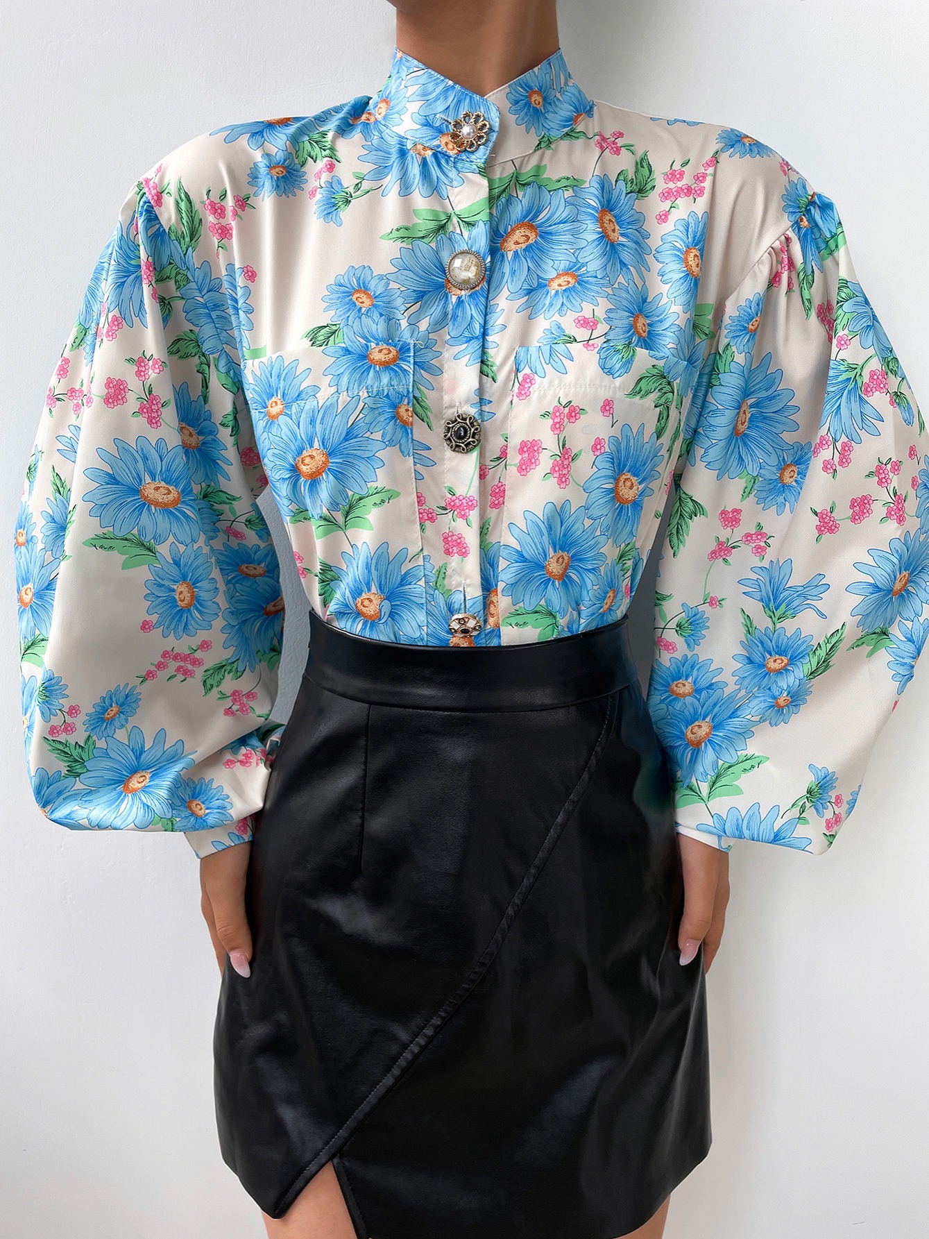 Women's Blouses Blue Floral Stand Neck Puff Sleeve Blouses - Temu