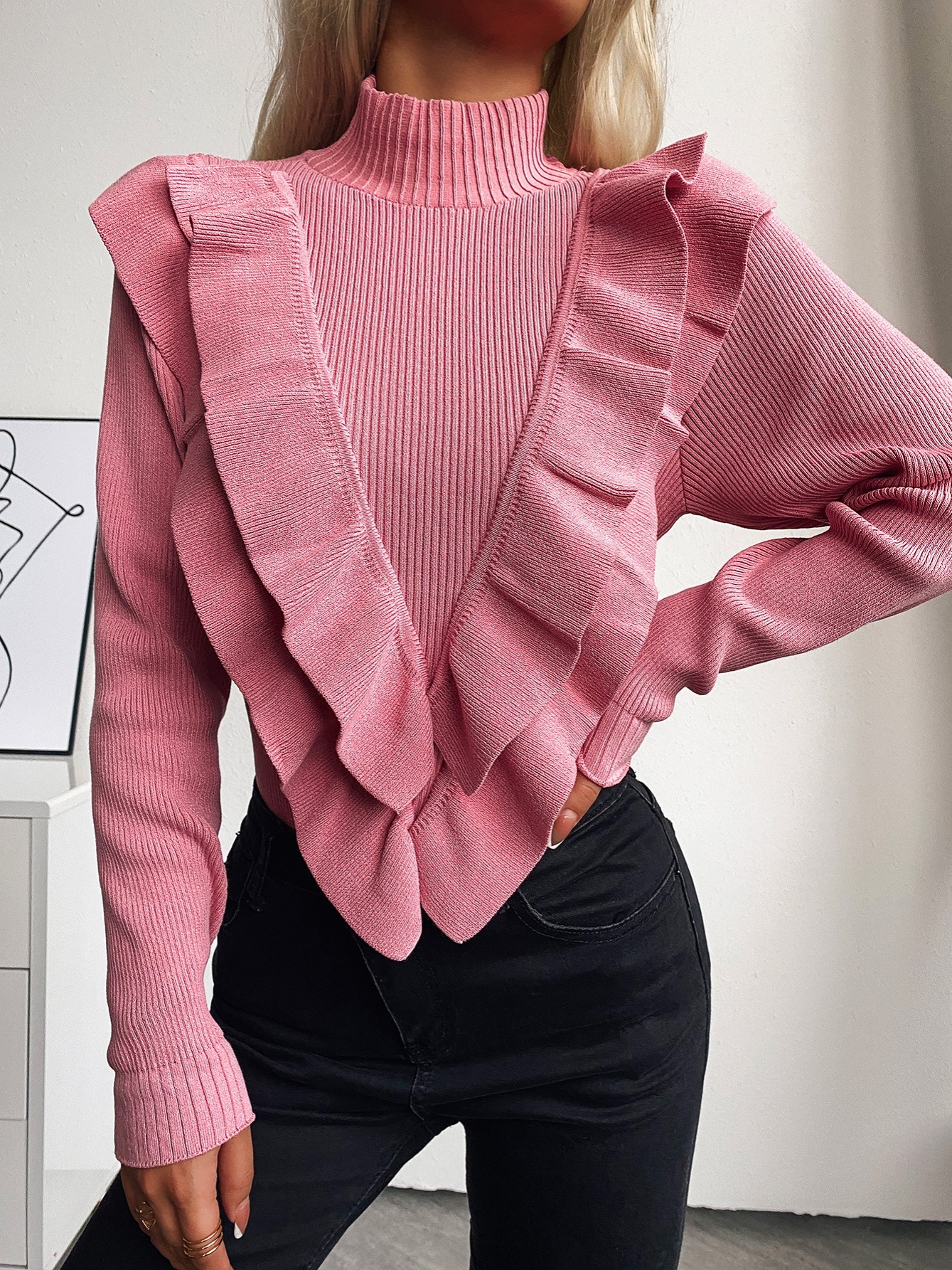 Women's Sweater Solid V-neck Ruffle Sweater Pullover - Women's Clothing ...