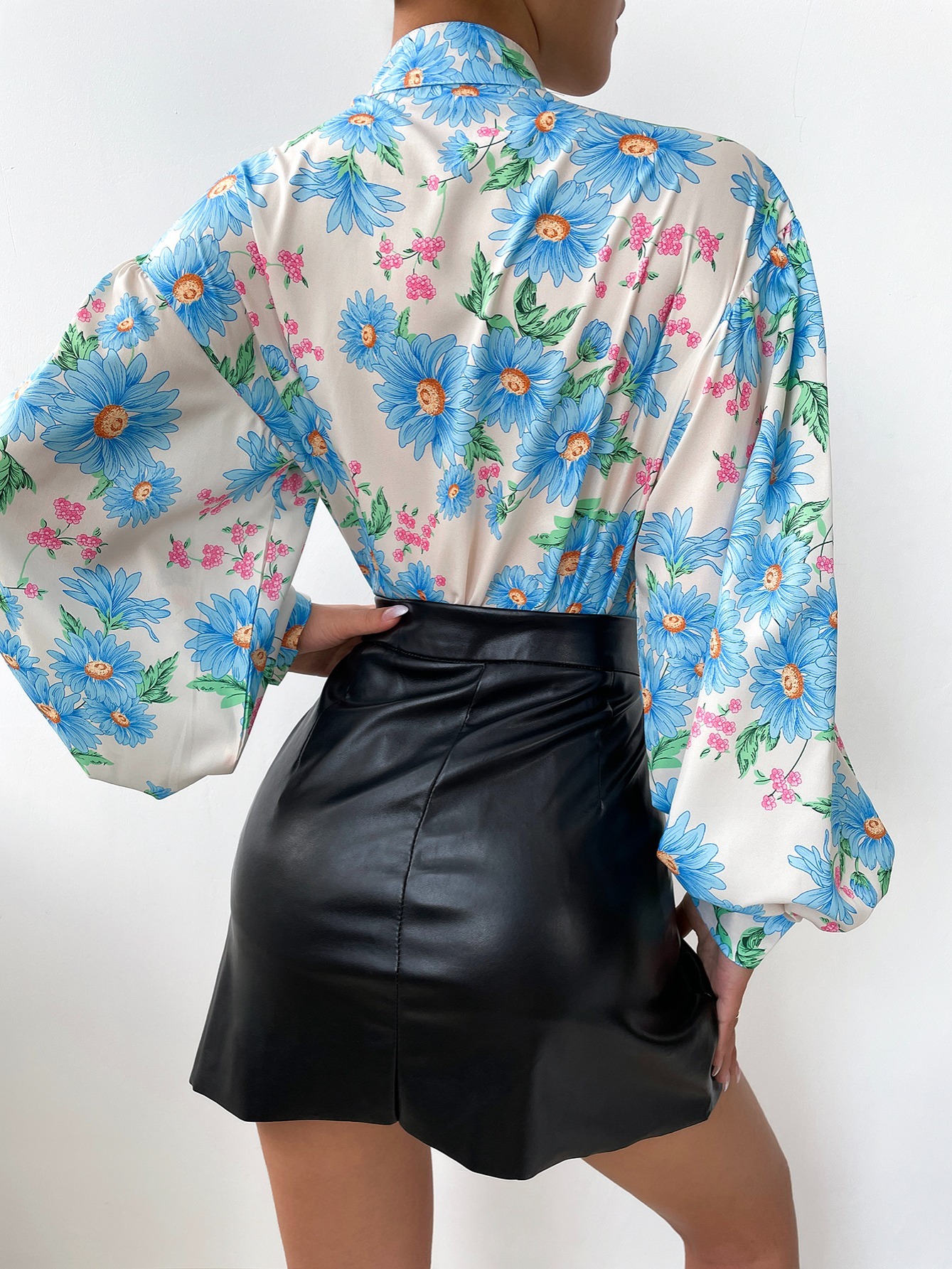 Womens Blouses Blue Floral Stand Neck Puff Sleeve Blouses Save Money On Temu Temu