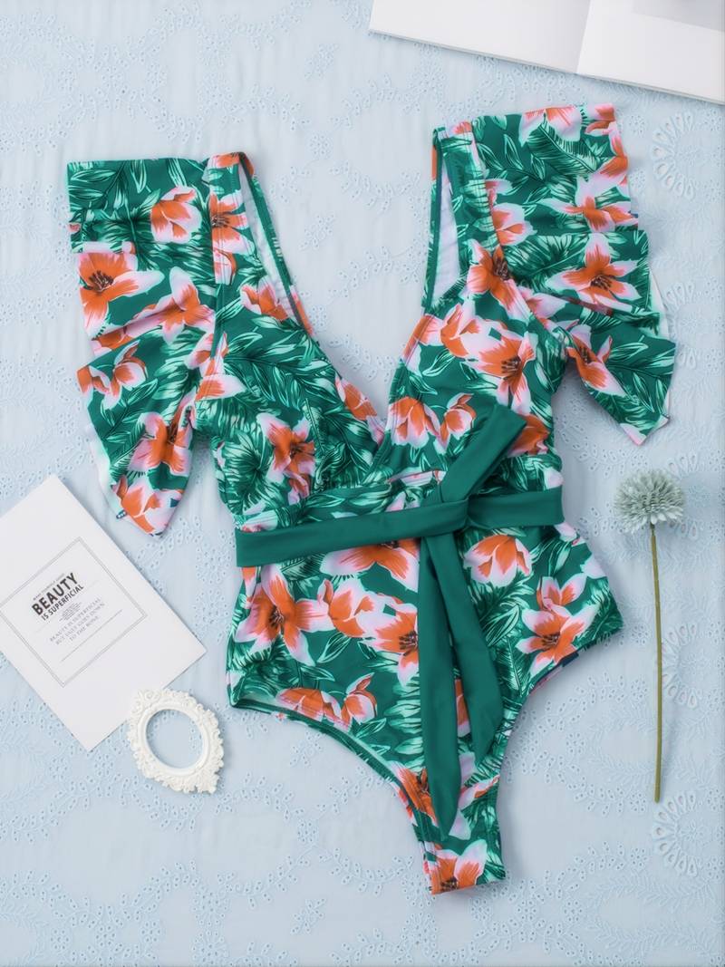 Tropical Floral Print Ruffle Trim One Piece Swimsuit With Belt High