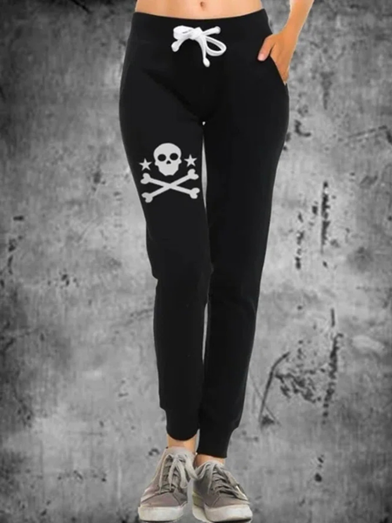 Skull Print Drawstring Elastic Sweatpants Casual Solid High Temu New