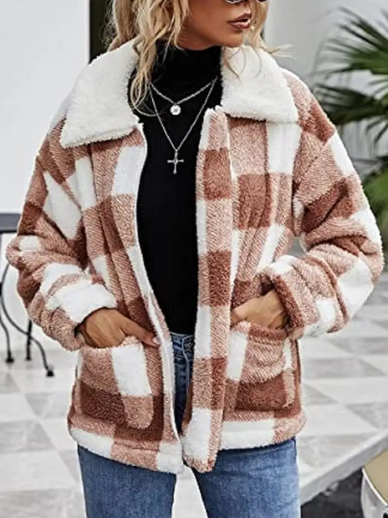 Plaid Teddy Jacket Thermal Long Sleeve Plaid Shacket Fall Temu