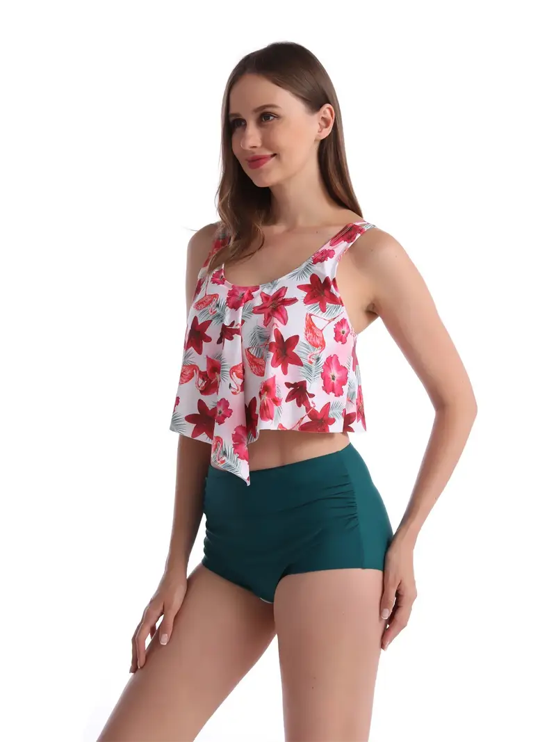 Contrast Print Ruffled Trim Tankini Sets Floral Print High Waist