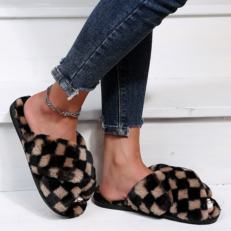 Women's Plaid Pattern Open Toe Fuzzy Slippers Fashion Indoor - Temu United Kingdom