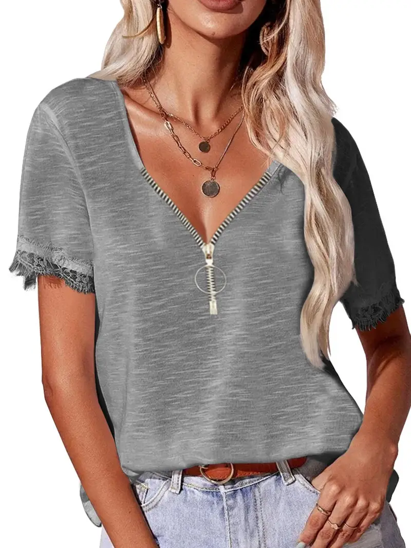 Solid V Neck Zipper Short Sleeve Basic T Shirt Casual Every Temu