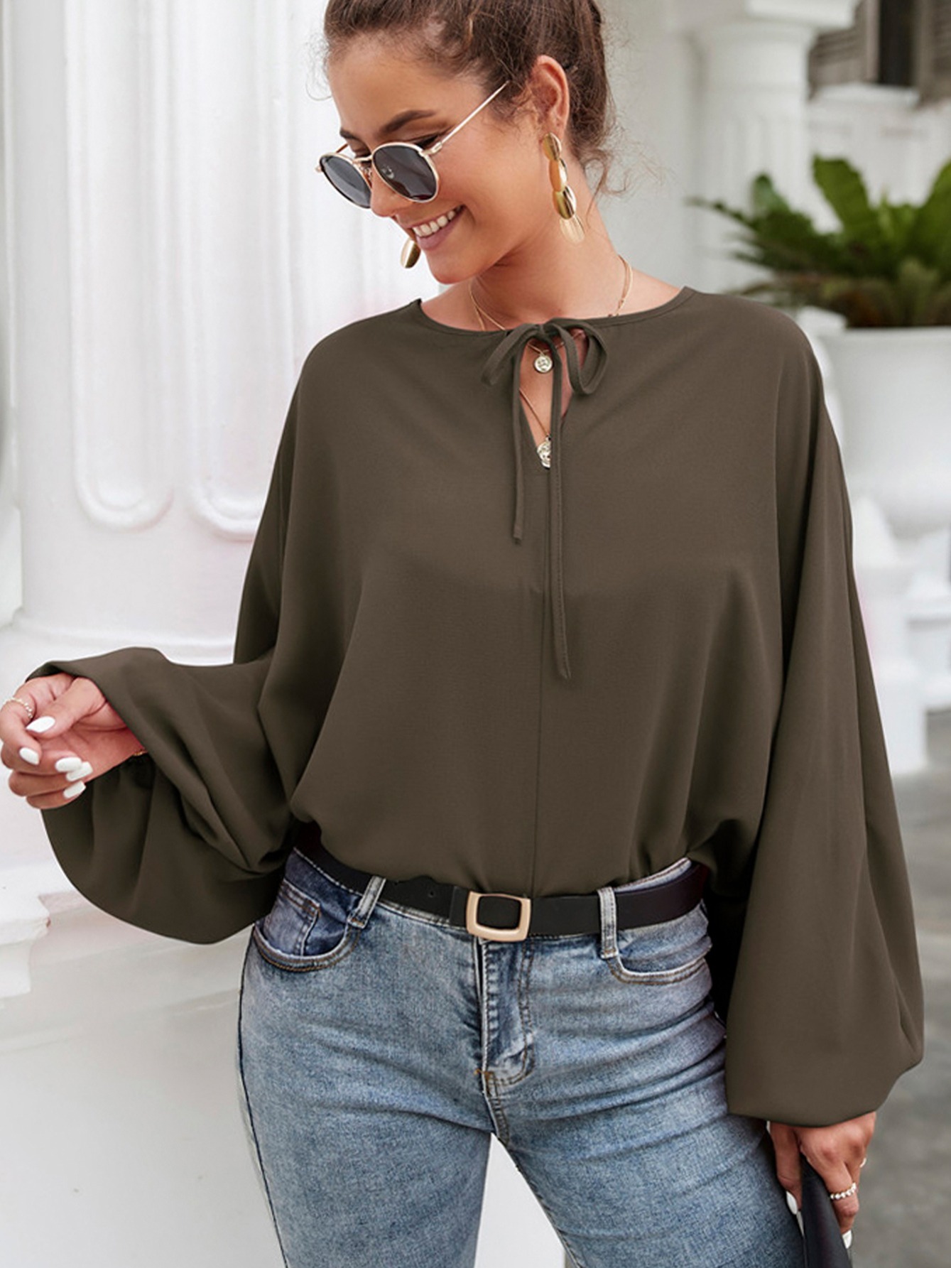 Casual Bandage Lace Loose Fit V Neck Lantern Sleeve Blouse - Temu Norway