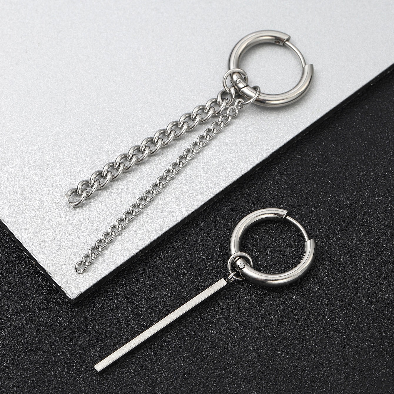1pair Men's Stainless Long Stick Chain Chic Asymmetrical Dangle ...