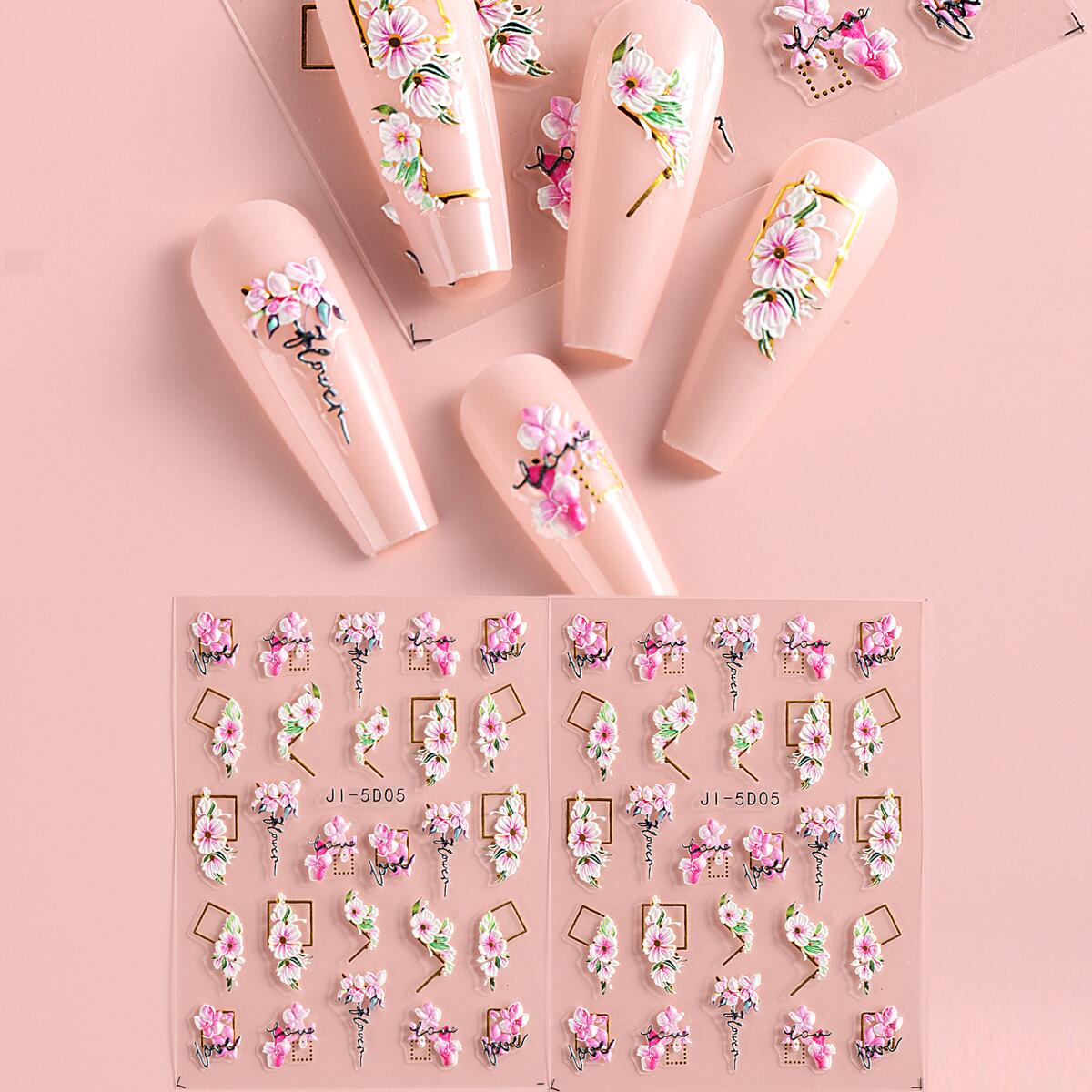 5d Nail Stickers Flowers Geometric Lines Decor Acrylic Embossed Sliders ...