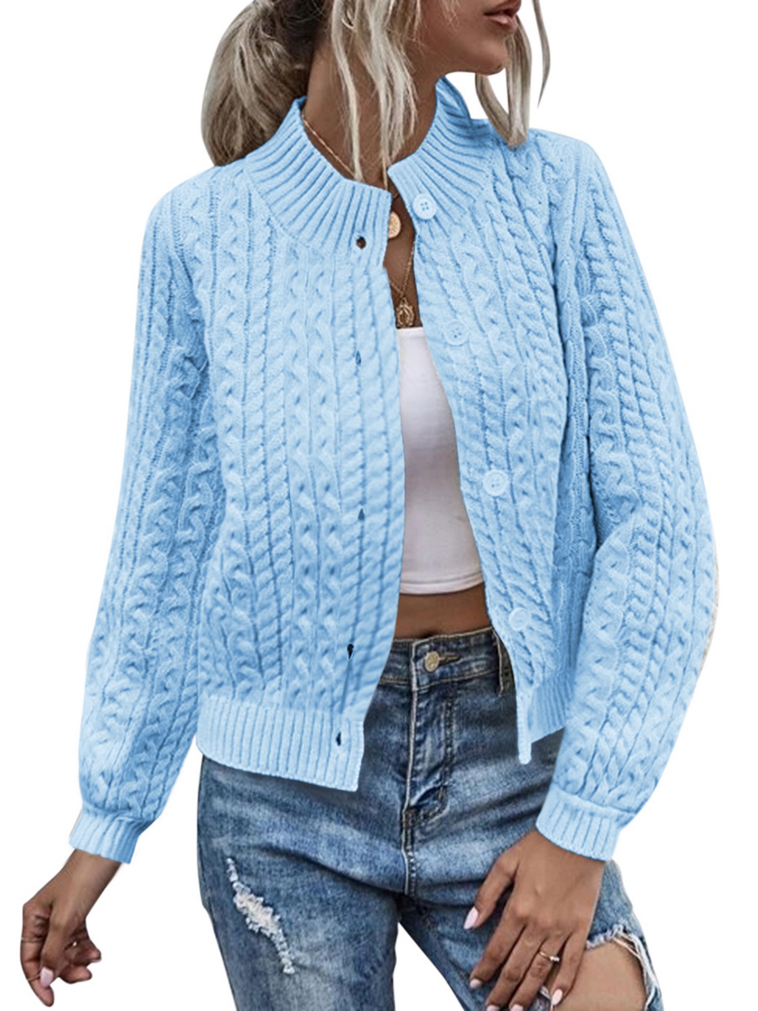 Women's Sweater Solid Button Winter Stand Collar Cable Knit - Temu