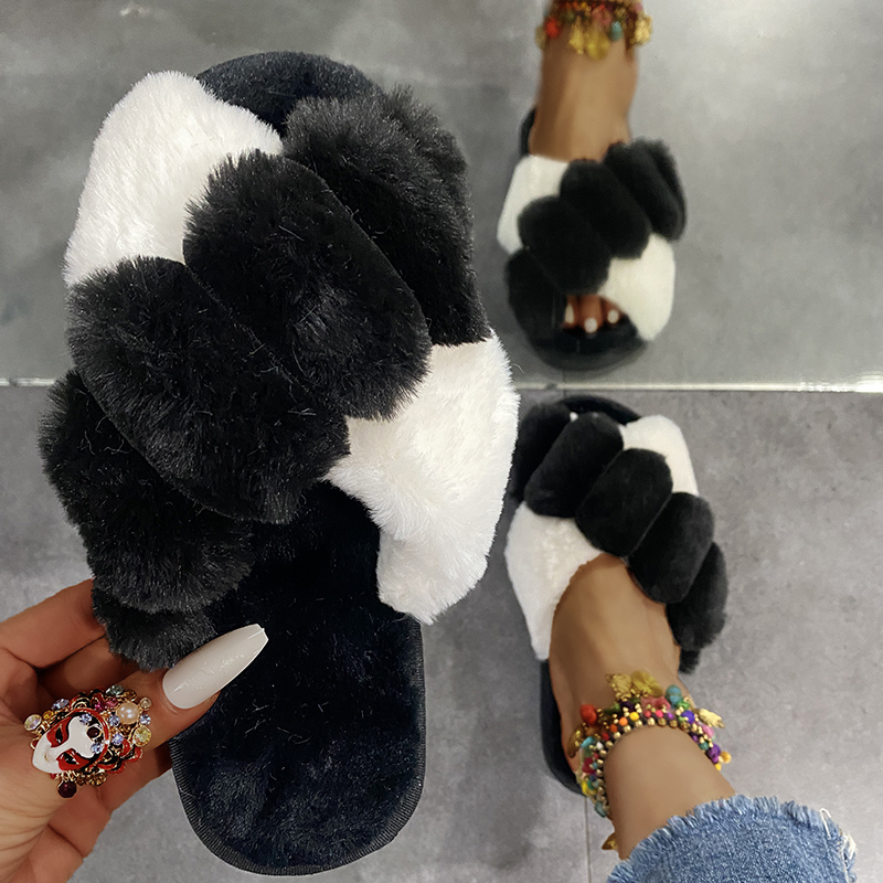 Women's Home Shoes Indoor Plush Slippers Color Block Open Toe Fashion ...