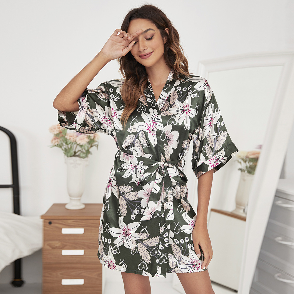 Women's Satin Floral Print Short Sleeve Belted Lounge Robe - Temu Canada