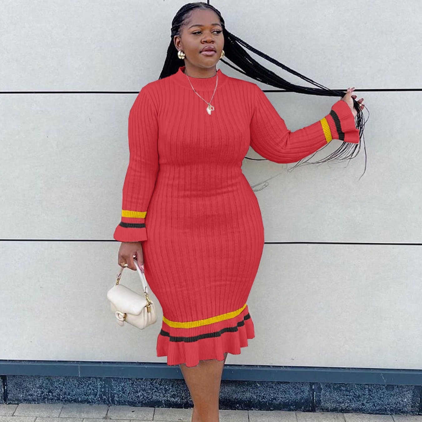 Plus Size Rib Knit Lantern Sleeve Bodycon Dress Womens Plus Mermaid