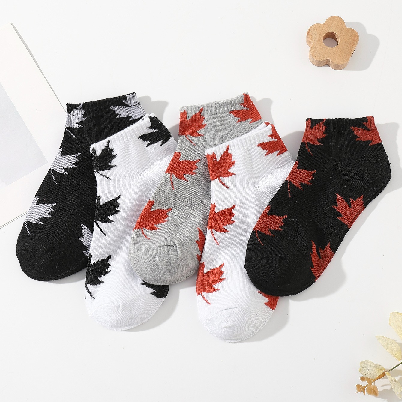 5 Pairs Leaf Print Short Socks Lightweight Breathable Low Cut Ankle ...
