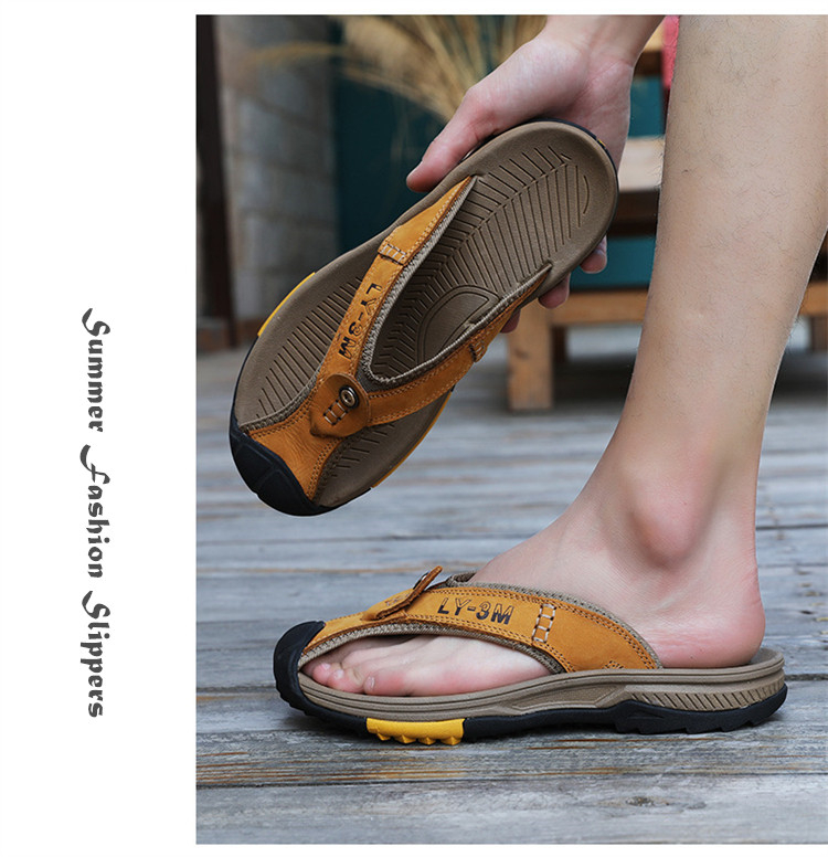 Mens Fashion Leather Flip Flops Platform Anti Skid Quick Drying Slides ...