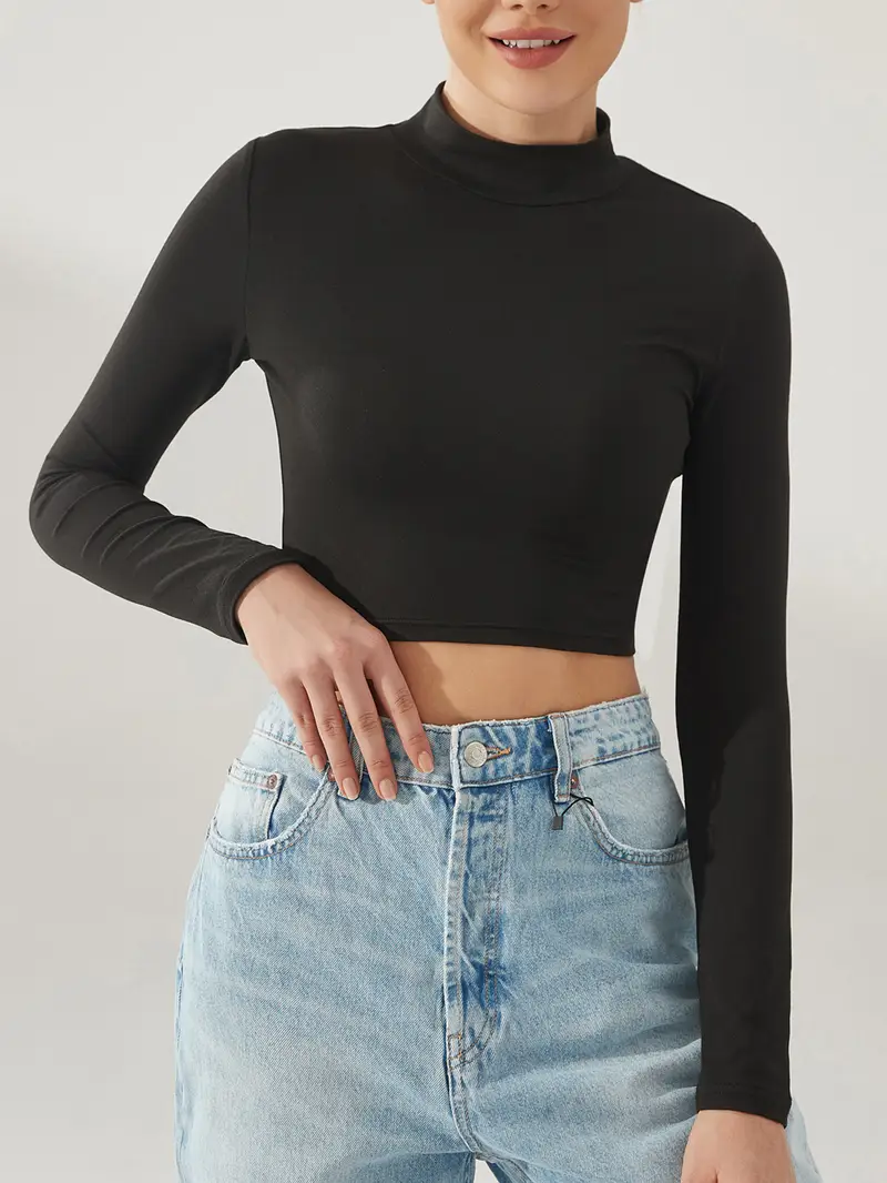 Bodycon Solid Crop T Shirt Mock Neck Long Sleeve T Shirt Casual Every