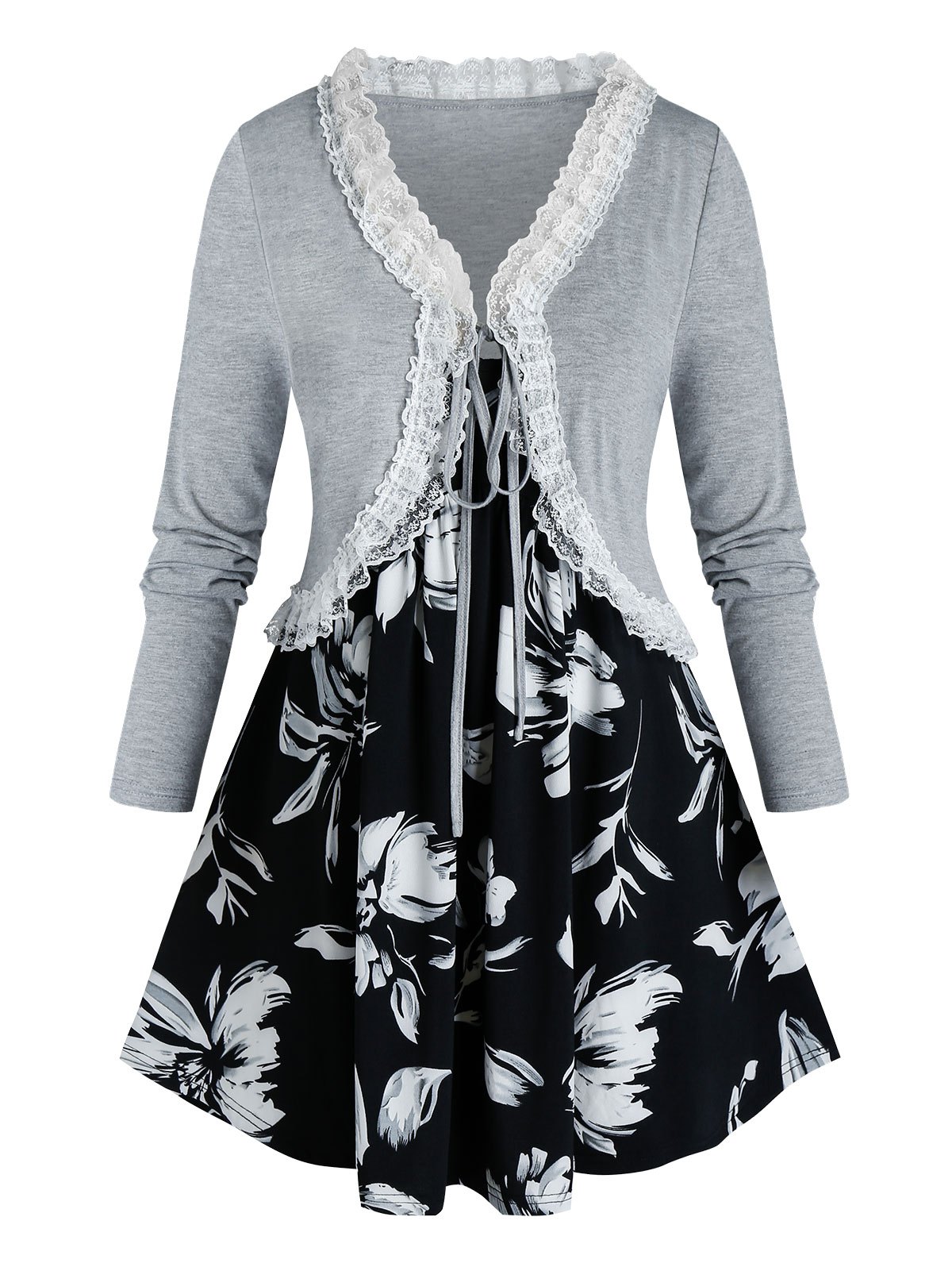 Plus Size Lace Trim Long Sleeve Cardigan Floral Print Cami - Temu