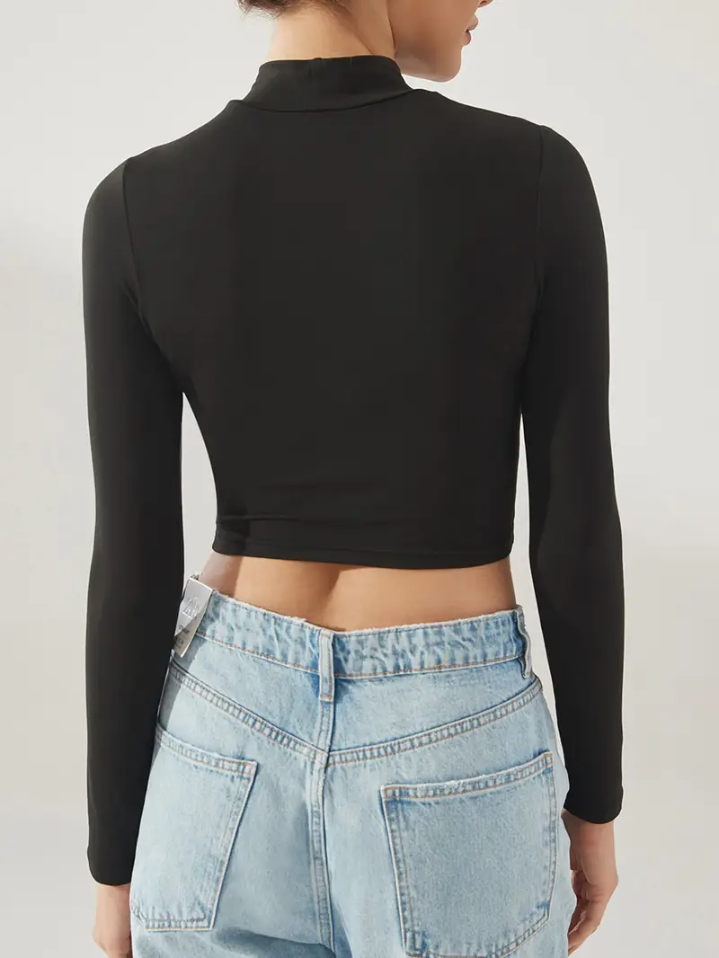 Bodycon Solid Crop T Shirt Mock Neck Long Sleeve T Shirt Casual Every