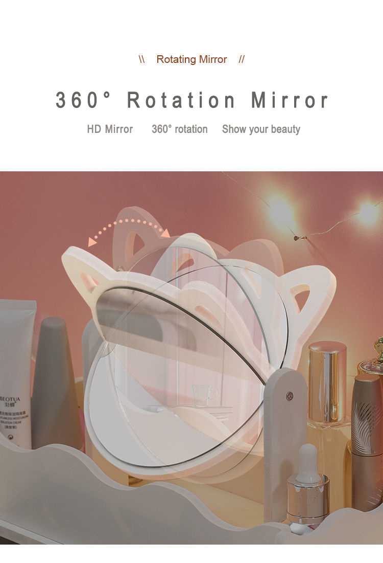 360° Rotating Large Capacity Cat Ears Makeup Mirror Storage - Temu