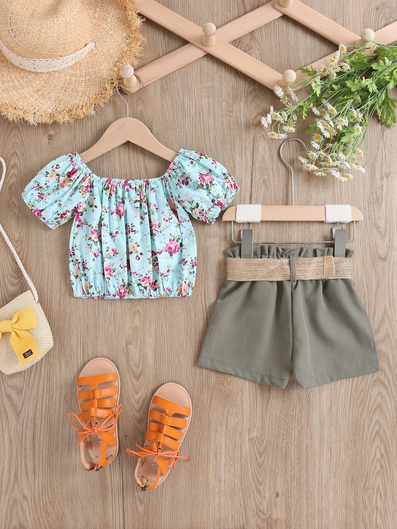 Girls Elegant Shoulder Floral Top Shorts Set Belt Summer - Temu United ...