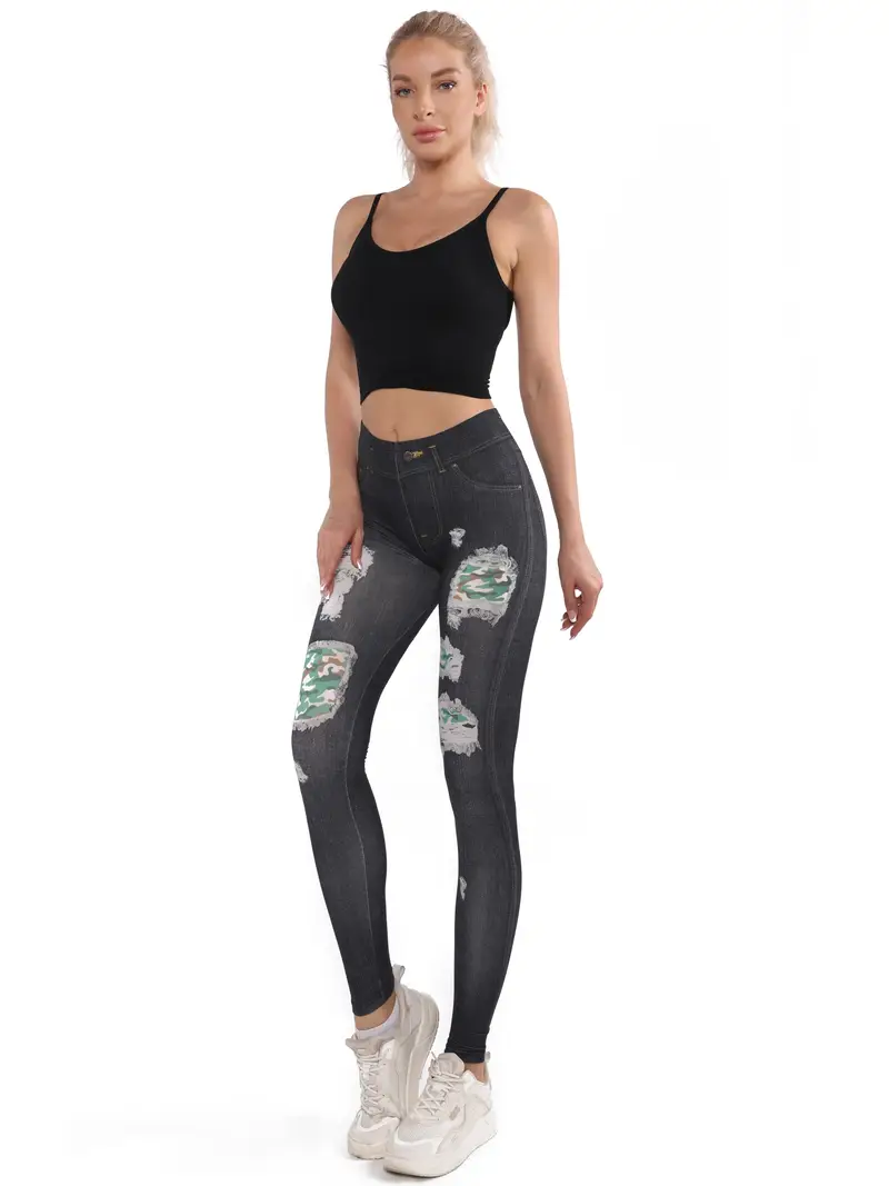 Ripped Denim Print Leggings Skinny Stretchy Workout High Temu Australia