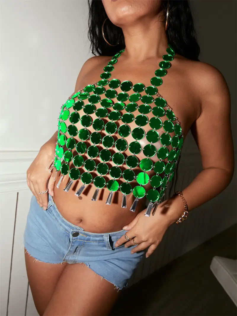 Sequin Halter Neck Tank Top Sexy Crop Top Tassel Nightclub Off Shoulder Tank Top Womens Clothing