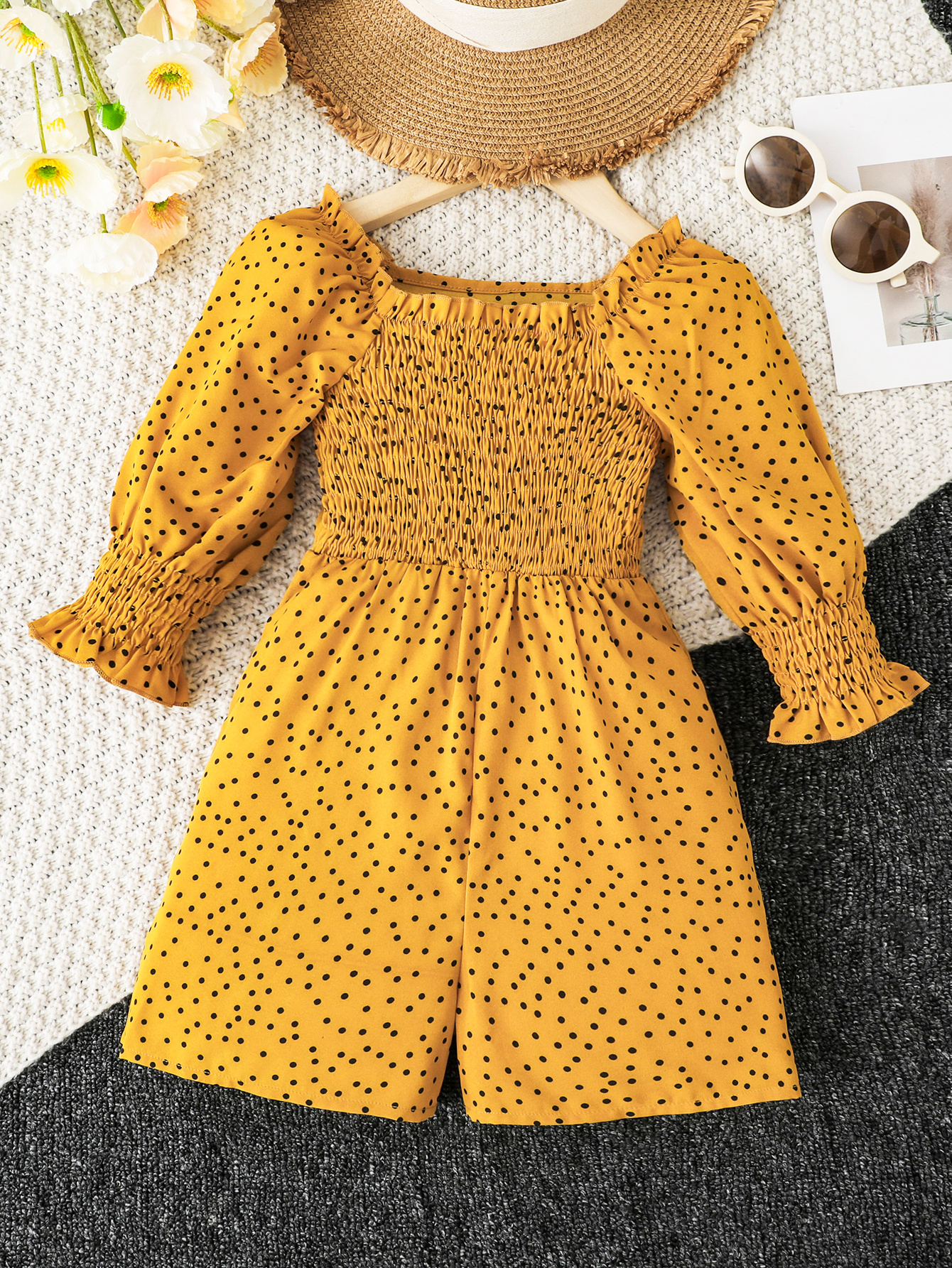Girls Puff Sleeve Romper Polka Dot Collar - Temu Canada